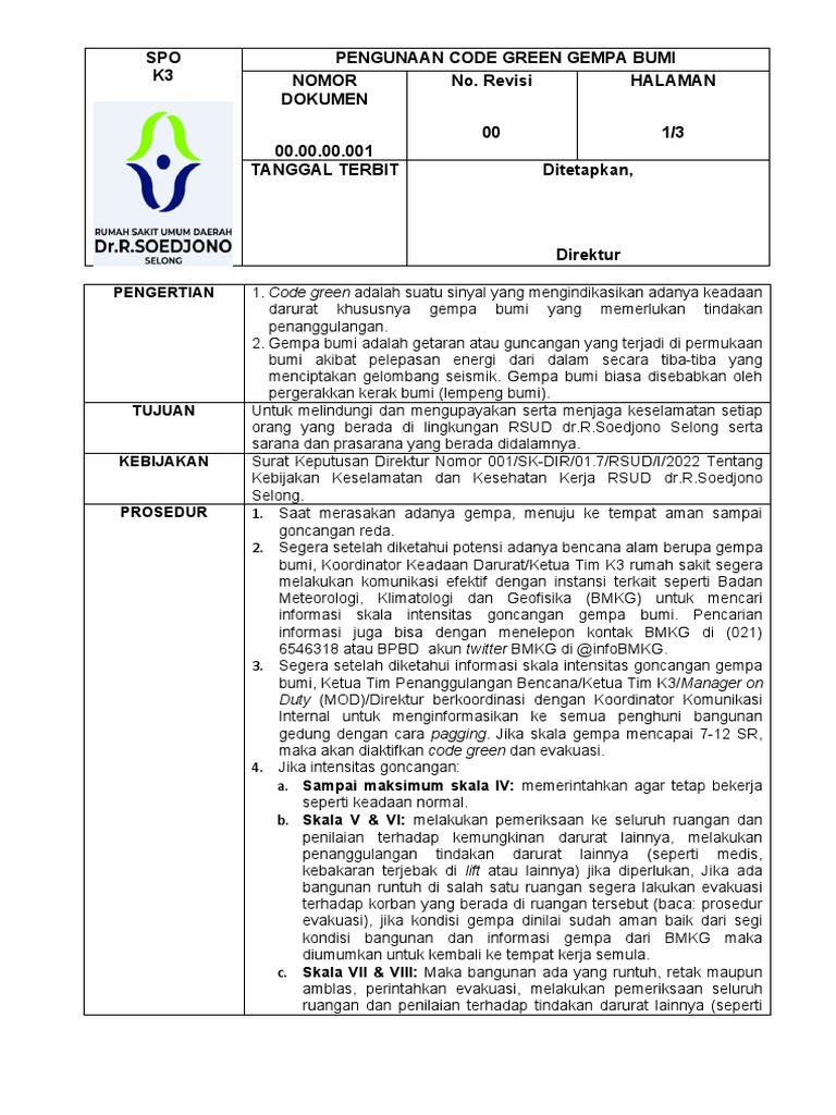 SPO Ketentuan Penanganan Gempa Bumi (Code Green) | PDF