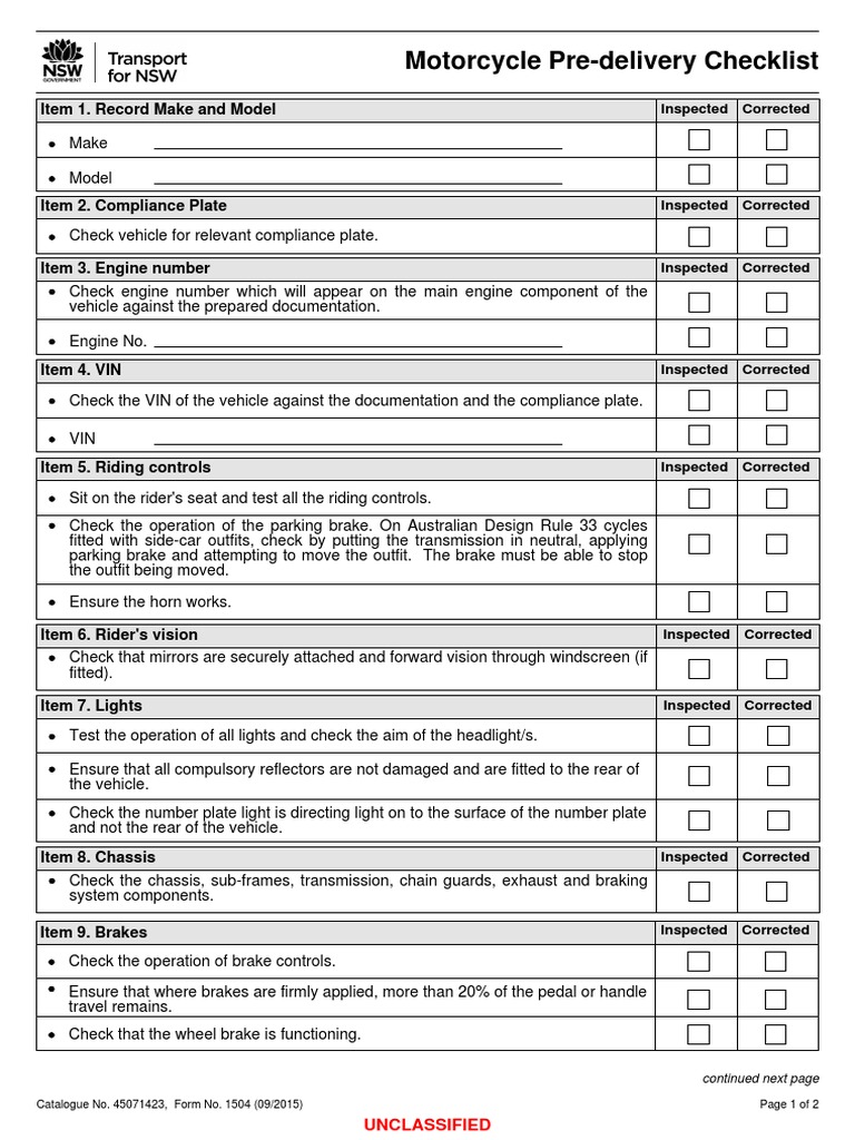 Motorcycle Pre-Delivery Inspection Checklist | PDF | Brake | Steering