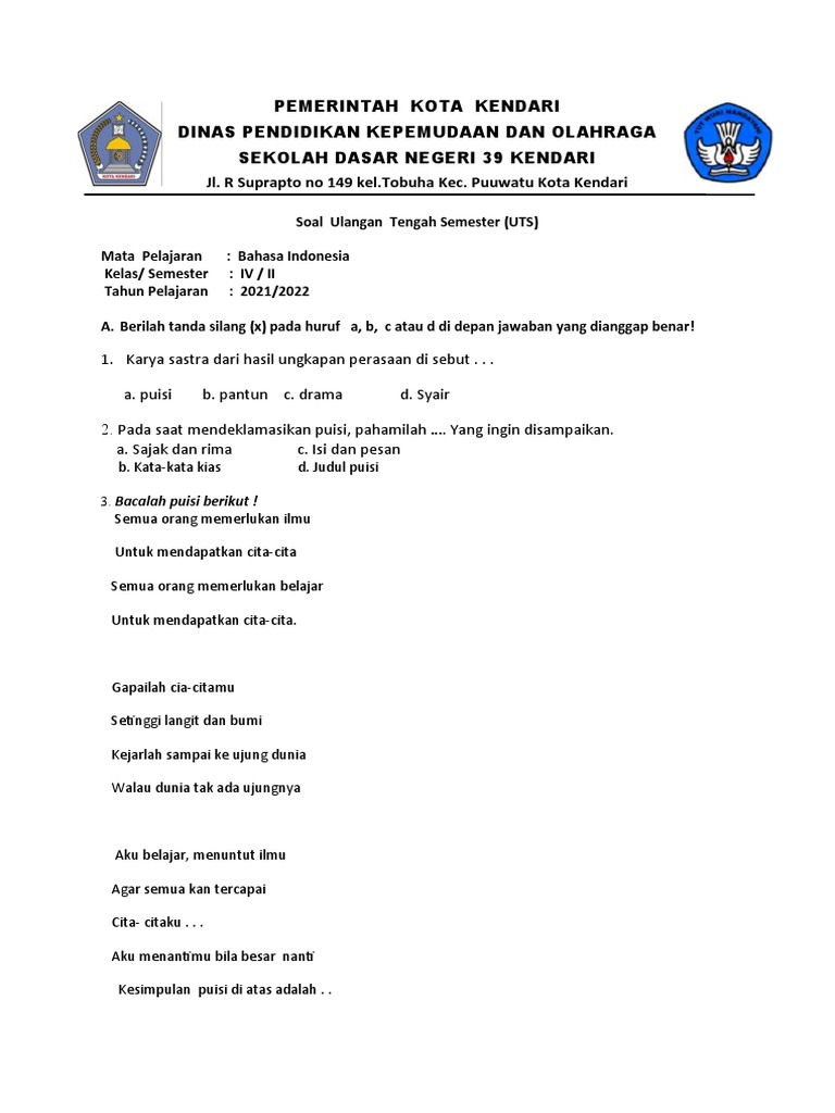 SOAL Bhs Indonesia KLS 4 | PDF