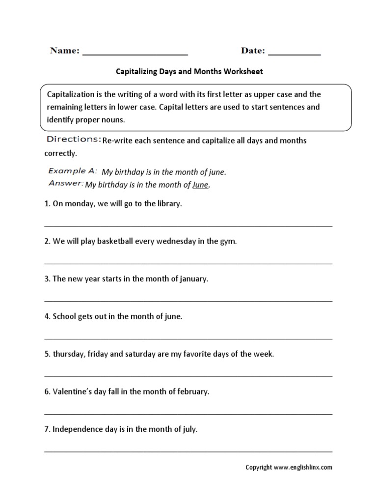 Capitalizing Days and Months Worksheet | PDF