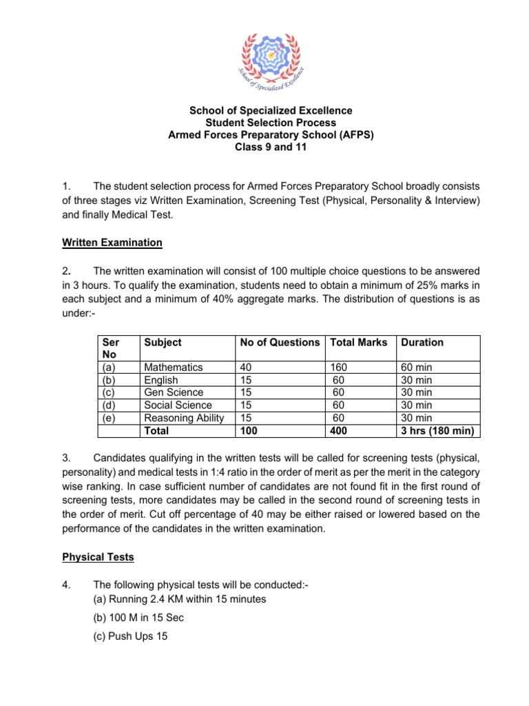 Student Selection Process Detail - AFPS Class 9 and 11 ...