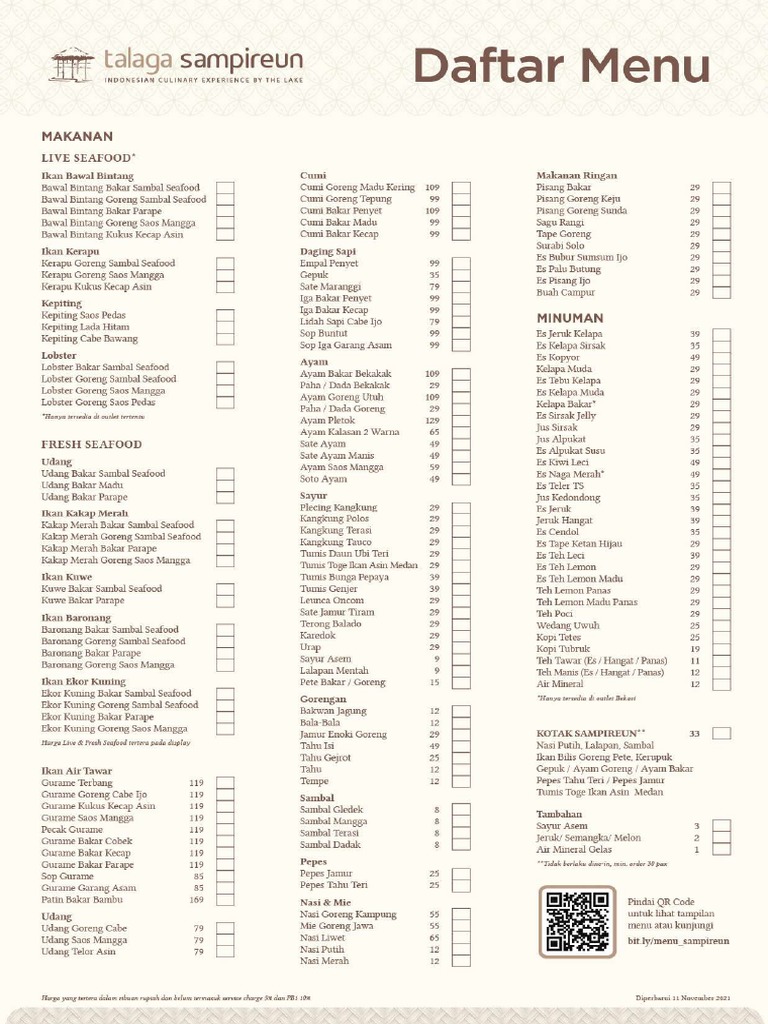 Daftar Menu Talaga Sampireun | PDF