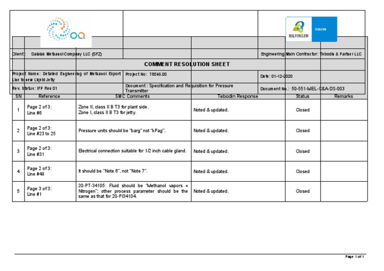 Comment Resolution Sheet: SN Reference SMC Comments Tebodin Response ...