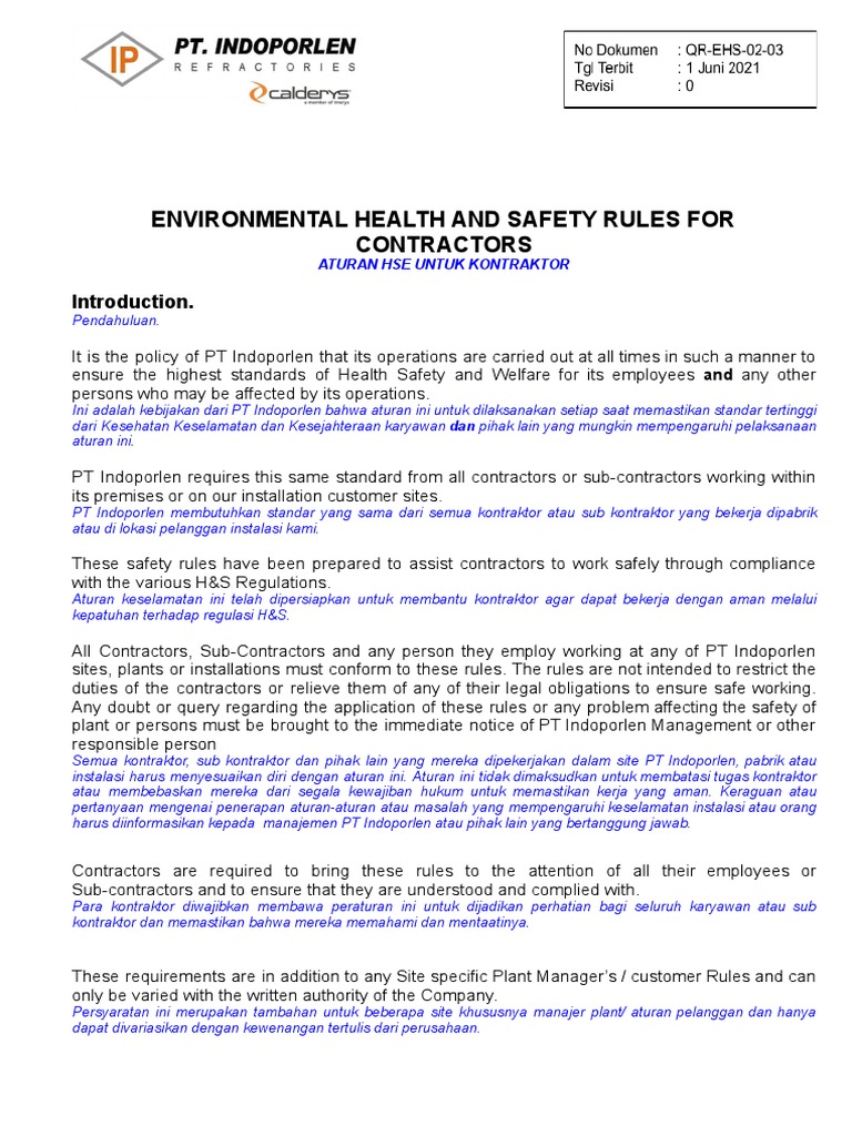 QR-EHS-02-03 EHS Rules For Contractor | PDF