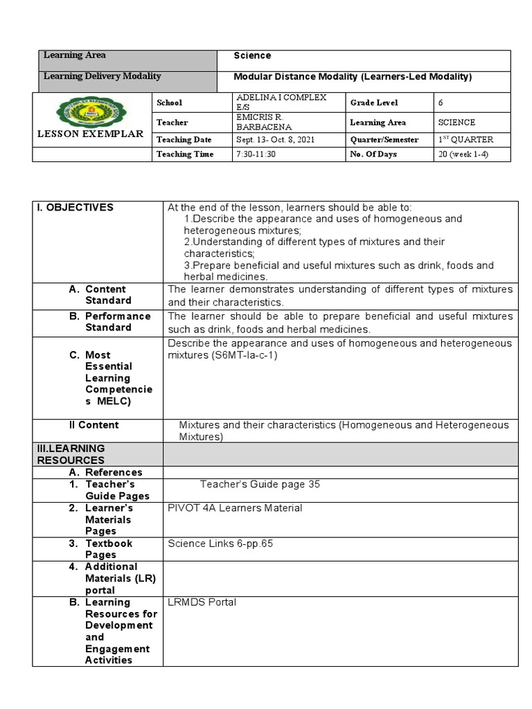 Learning Area Science Learning Delivery Modality Modular Distance ...