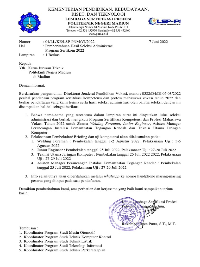 Sertikom Teknik - Hasil Seleksi Administrasi | PDF