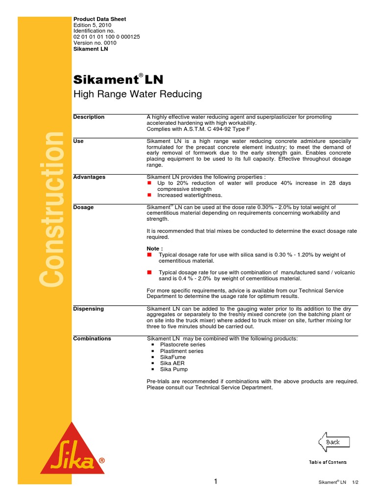 Sikament LN: High Range Water Reducing | PDF | Concrete | Economic Sectors