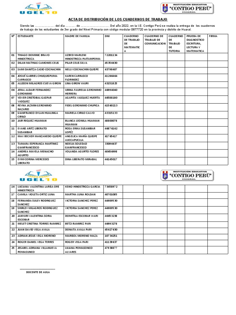 ACTA DE DISTRIBUCIÓN DE LOS CUADERNOS DE TRABAJO PRIMARIA 3ro 25 | PDF