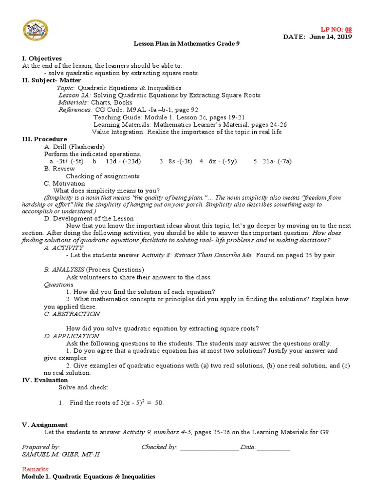 Grade 9 Quadratic Equations Lesson Plan | PDF | Equations | Quadratic ...