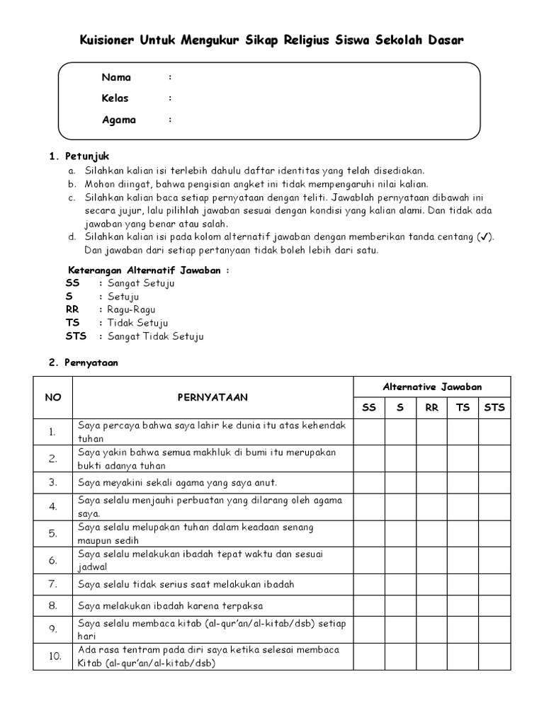 Kuisioner Sikap Religius Siswa SD | PDF