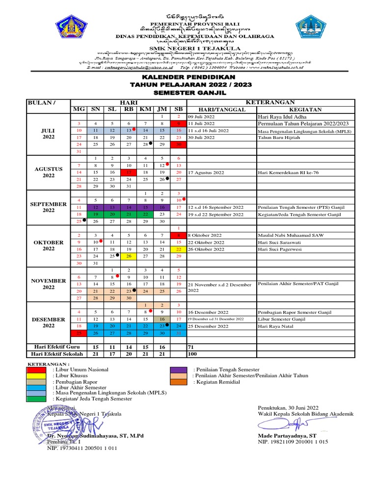 Kalender Pendidikan SMKN 1 Tejakula 2022-2023 Edit | PDF