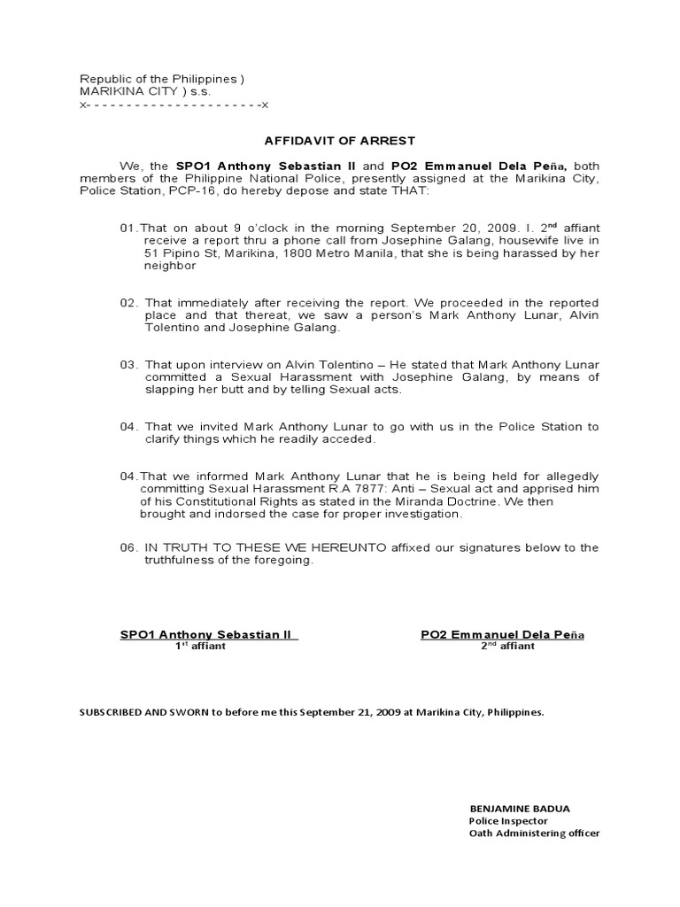 Sample of Affidavit of Arresting Officers | Download Free PDF | Affidavit | Judiciaries