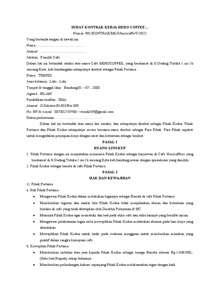 420460262-Surat-Kontrak-Kerja-Cafe Nhero | PDF