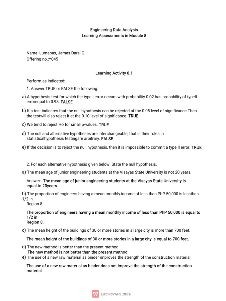Engineering Data Analysis: Hypothesis Testing and Null Hypotheses | PDF