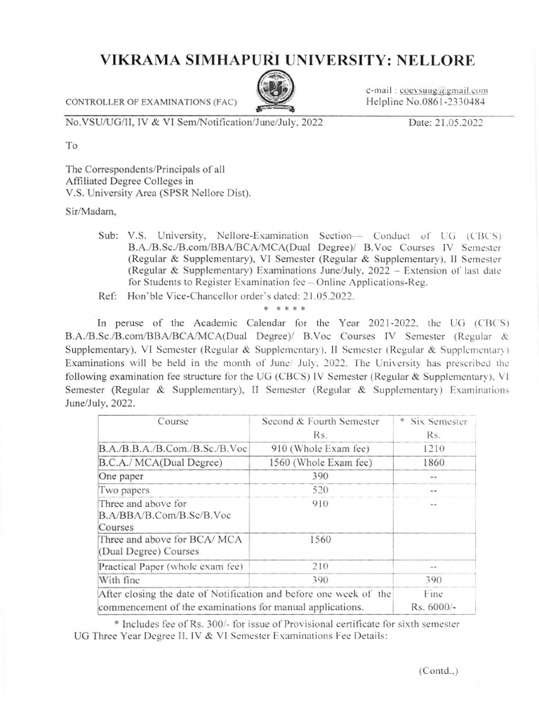 Extension of UG II, IV, VI Sem Fee Notification | PDF | Educational Assessment And Evaluation ...