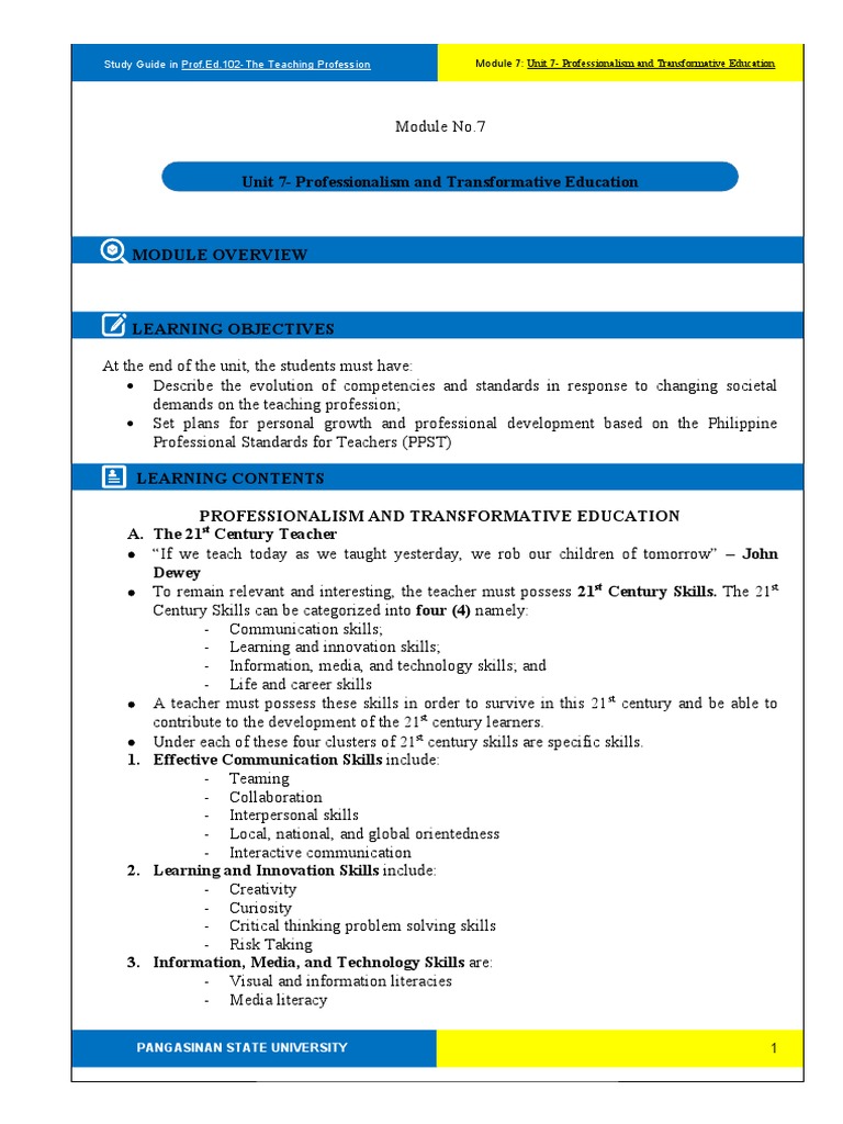 Study Guide in Prof - Ed.102-The Teaching Profession: Module 7: Unit 7 ...