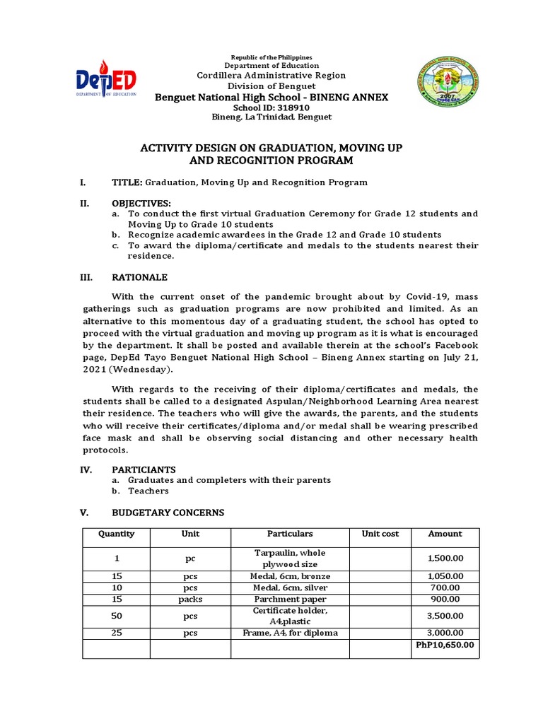 Activity Design On Graduation, Moving Up and Recognition Program | PDF