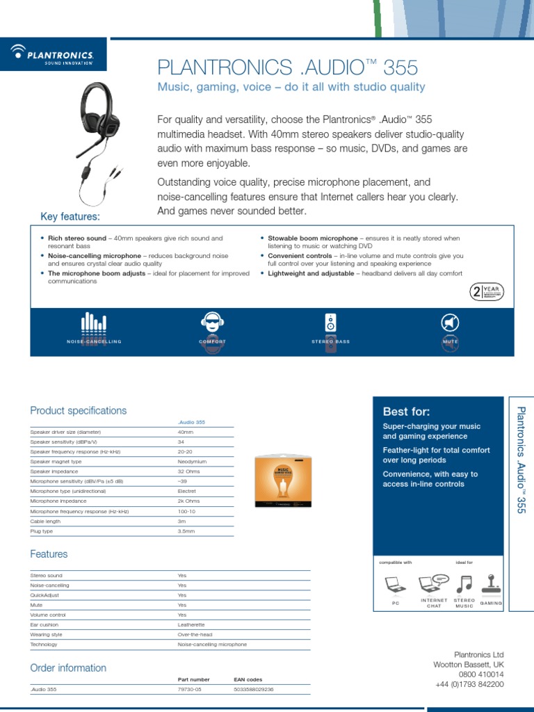 Plantronics Audio 355-Headphone Datasheet | PDF | Microphone | Loudspeaker