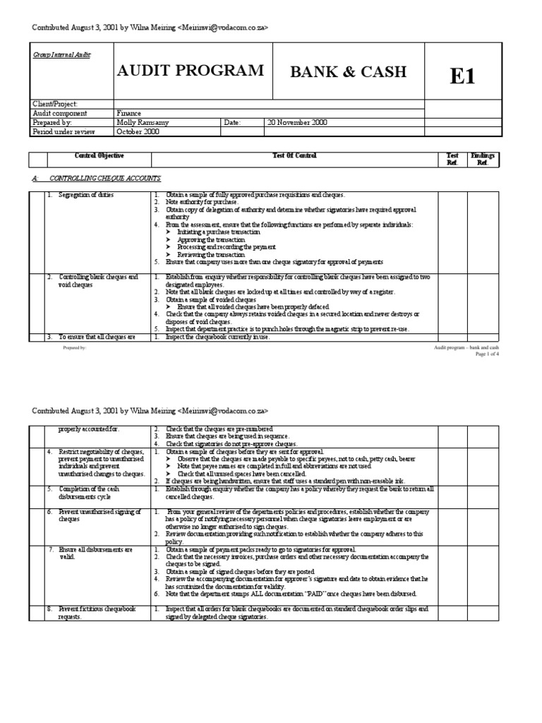 Audit Program Bank & Cash: Contributed August 3, 2001 by Wilna Meiring ...