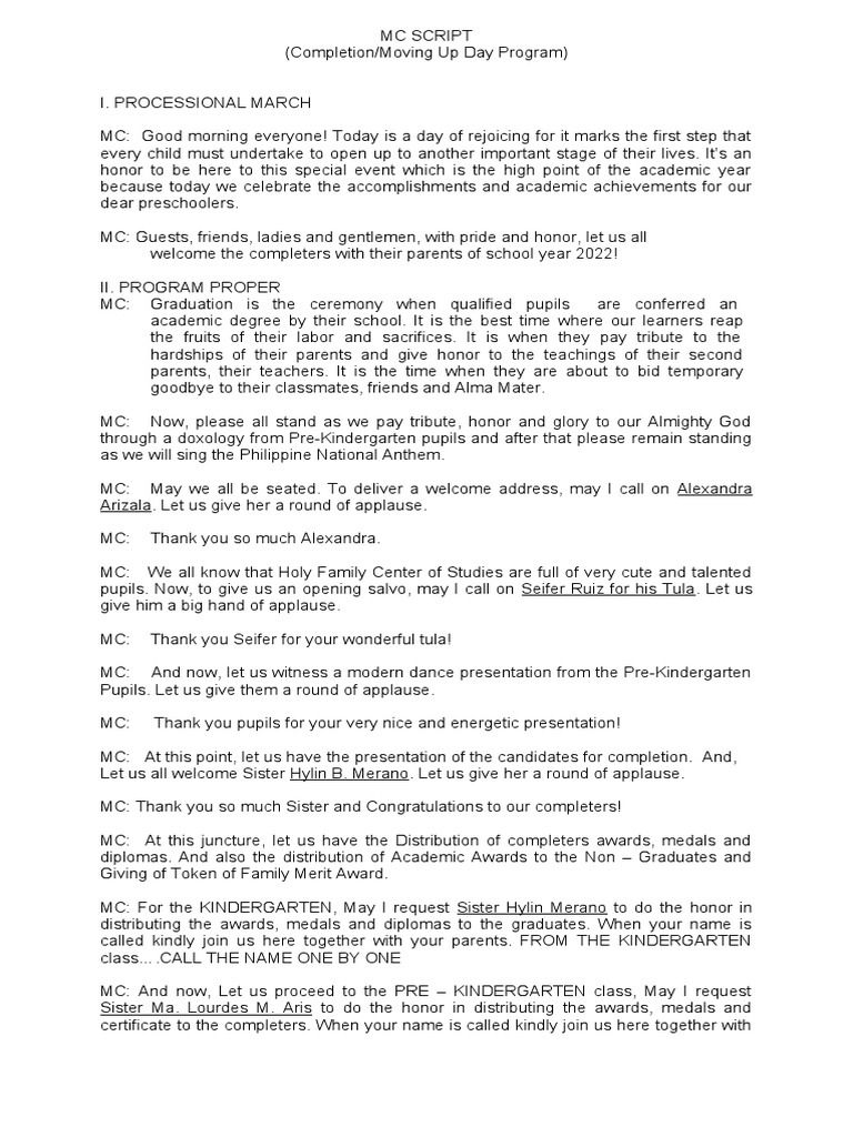 EMCEE SCRIPT FOR MOVING UP FOR PRE-SCHOOLS | PDF | Preschool