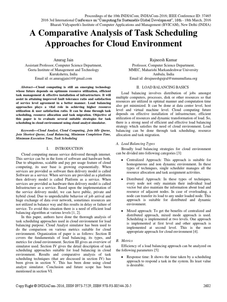 A Comparative Analysis Of Task Scheduling Approaches For Cloud Environment Pdf Scheduling