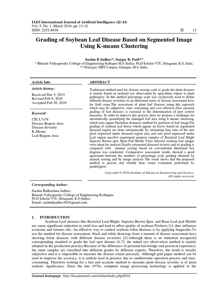Grading of Soybean Leaf Disease Based On Segmented Image Using K-Means Clustering | PDF ...