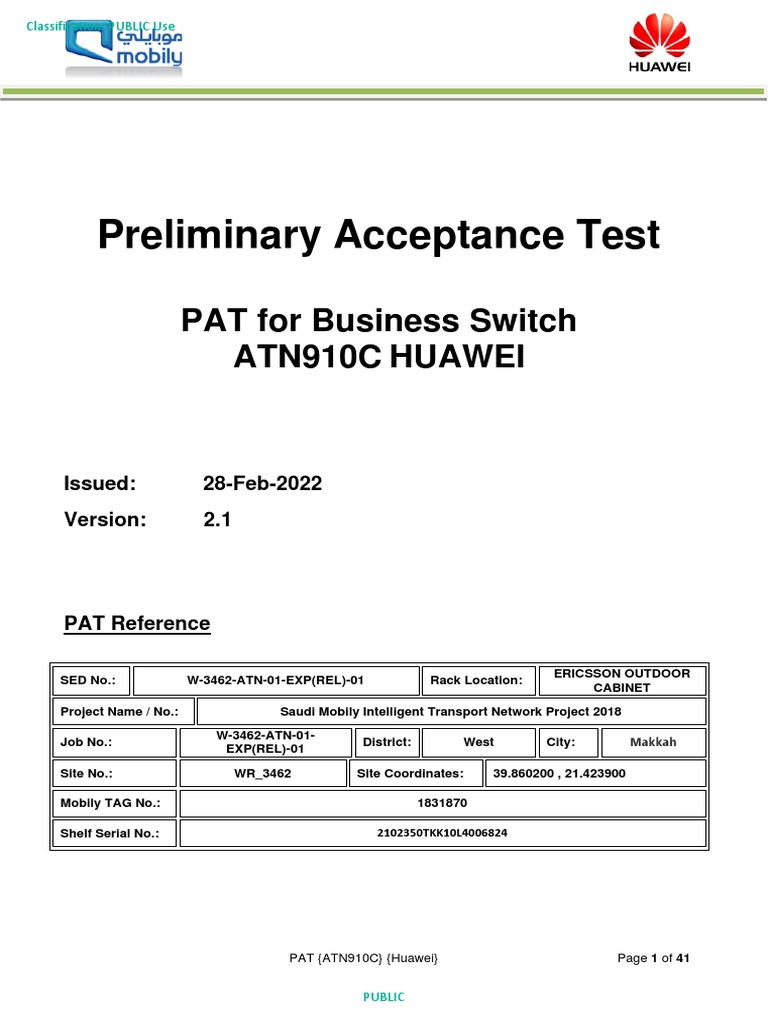 Preliminary Acceptance Test: PAT For Business Switch ATN910C Huawei ...