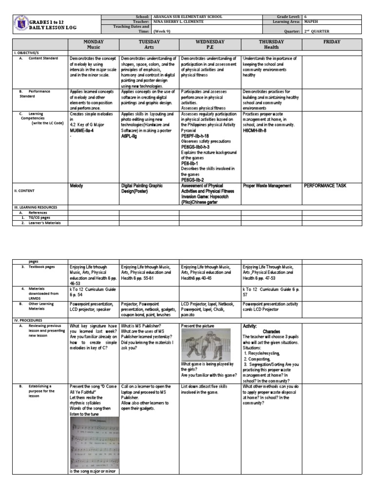 DLL G6 Q2 Week 9 MAPEH | PDF | Volleyball | Teachers