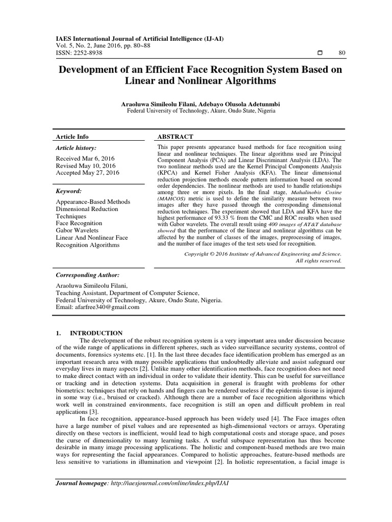 Development Of An Efficient Face Recognition System Based On Linear And Nonlinear Algorithms 5390