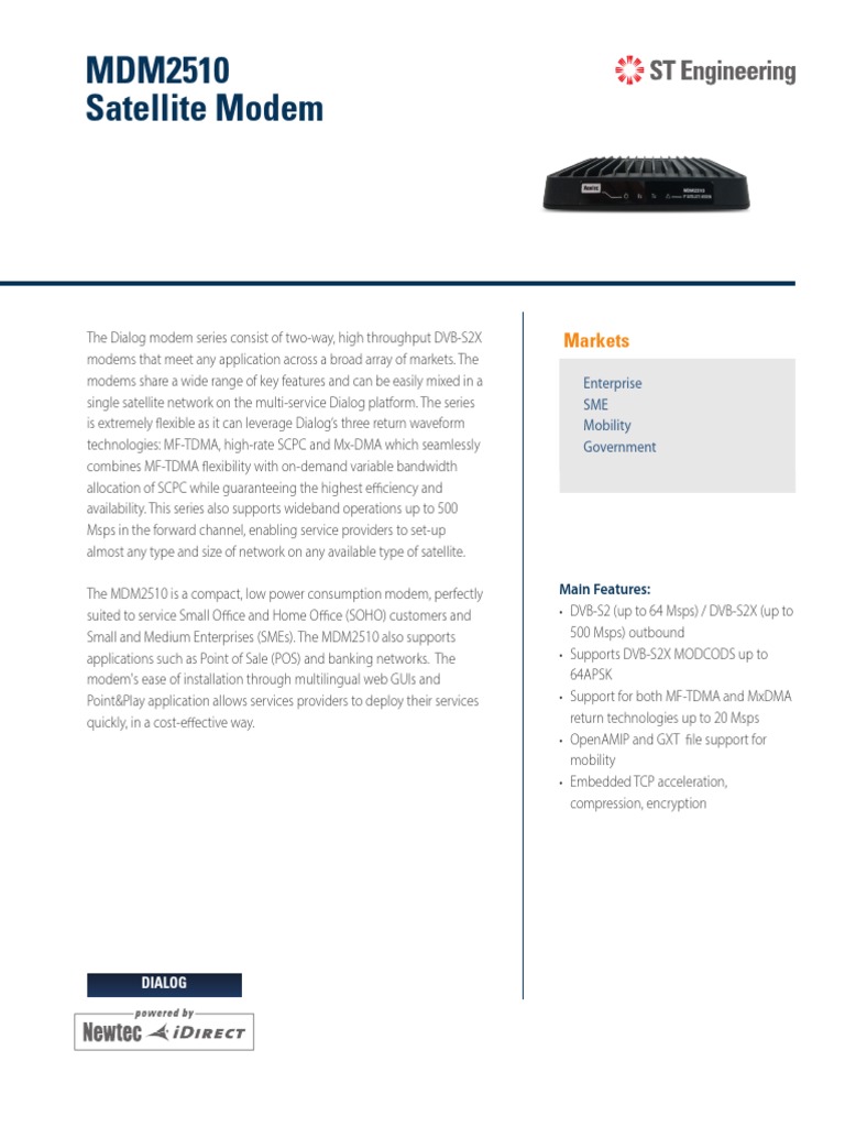Product Sheet MDM2510 IP Satellite Modem | PDF | Computer Network | Modem