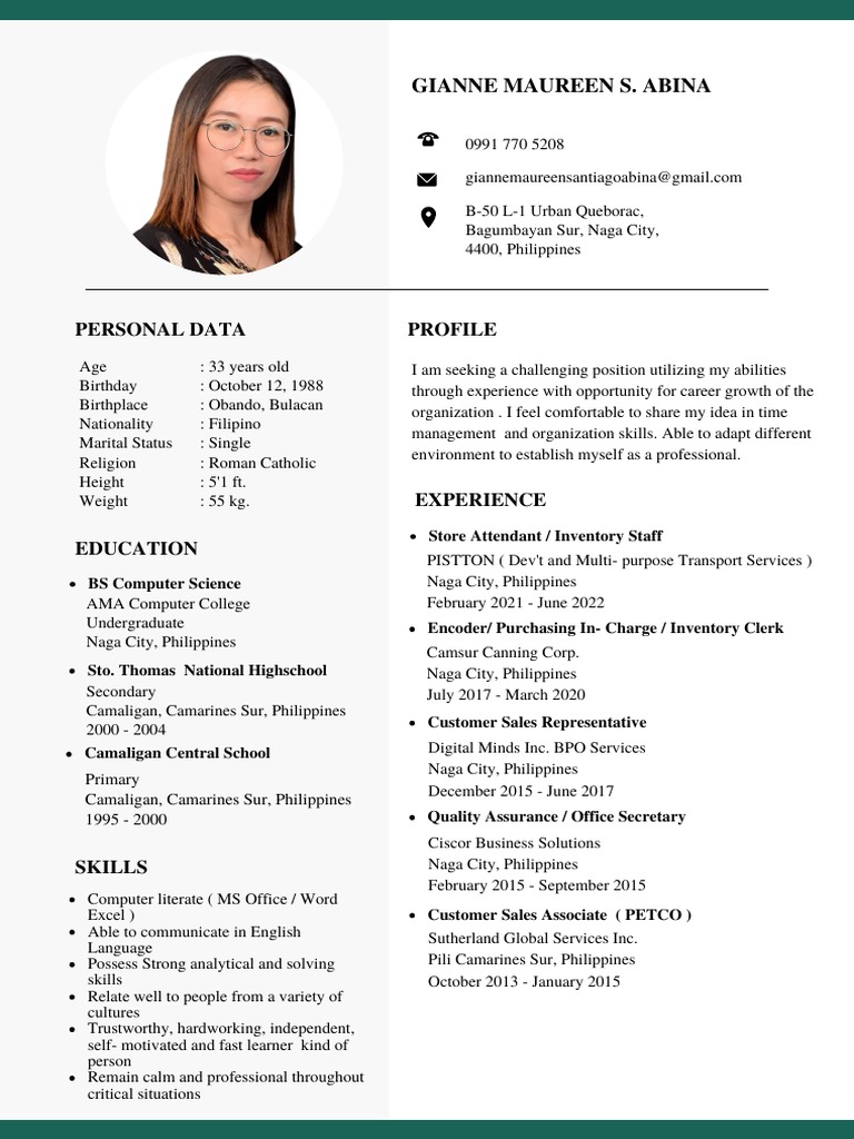 Gianne Maureen S. Abina: Profile Personal Data | PDF | Philippines ...