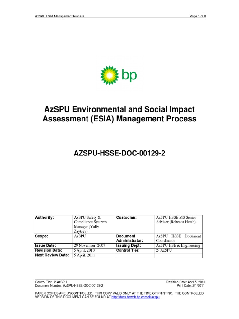 AzSPU Environmental and Social Impact Assessment (ESIA) Management ...