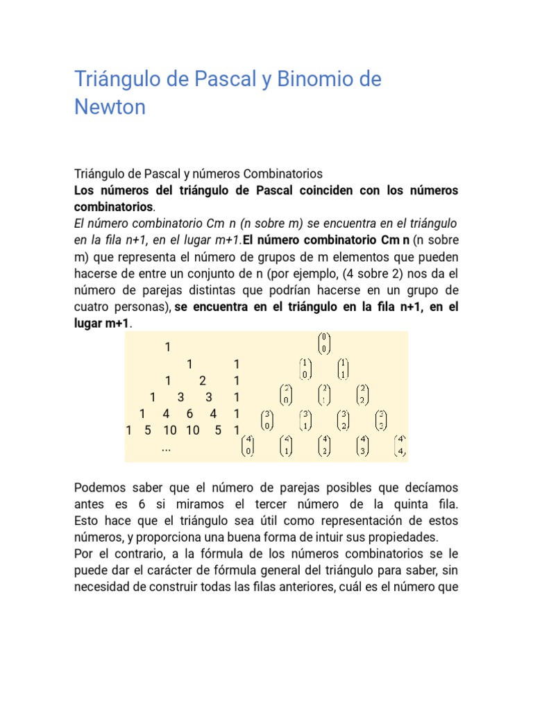 Relación entre Triángulo de Pascal y Binomio | PDF | Combinatoria ...