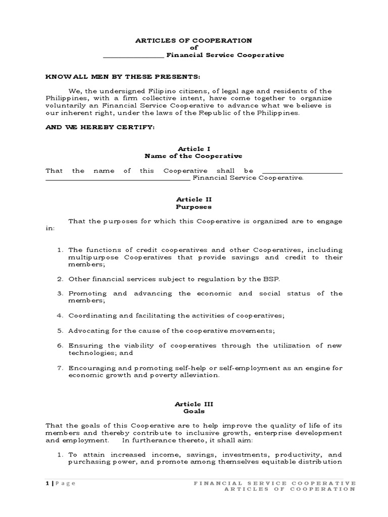 Financial Service Cooperative Articles of Cooperation | PDF ...