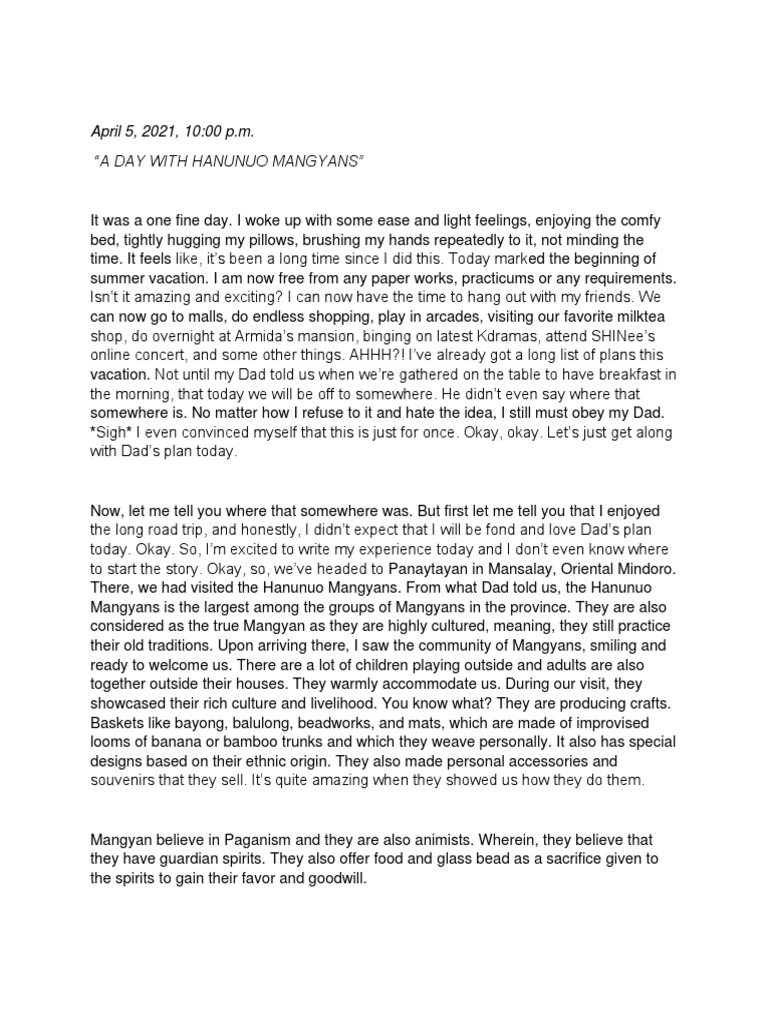 A DAY WITH HANUNUO MANGYANS A Short Story | PDF | Language Arts ...