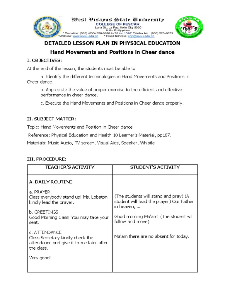 Detailed Lesson Plan in Physical Education Hand Movements and Positions ...