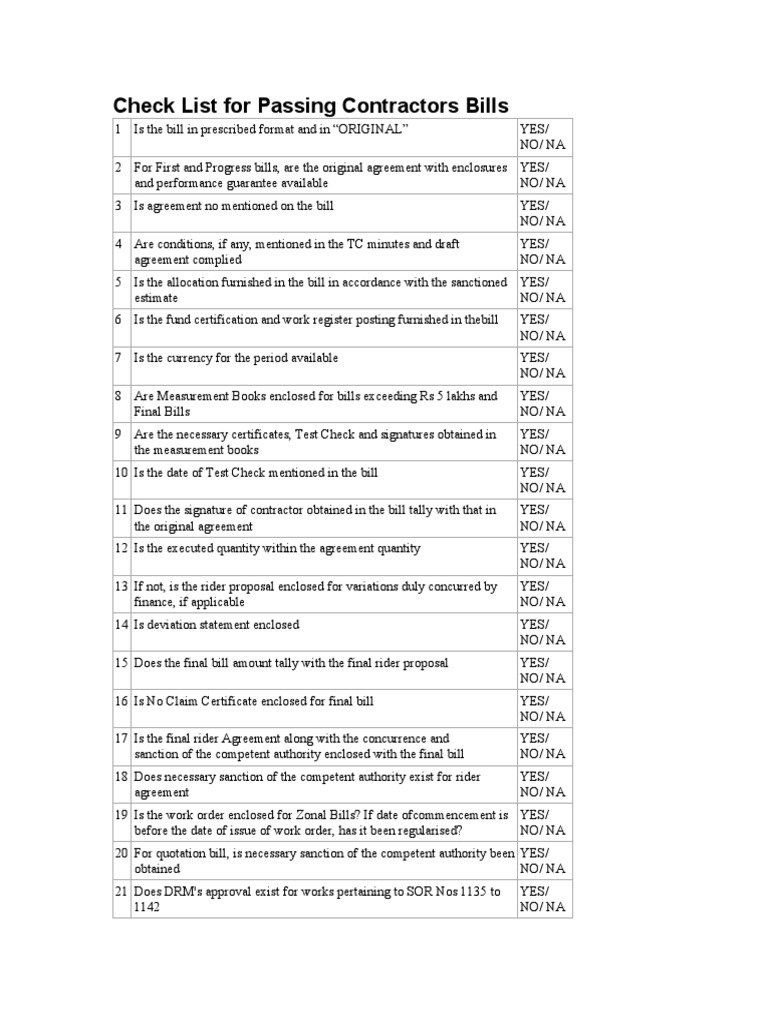 Check List For Passing Contractors Bills | PDF | Economies | Business