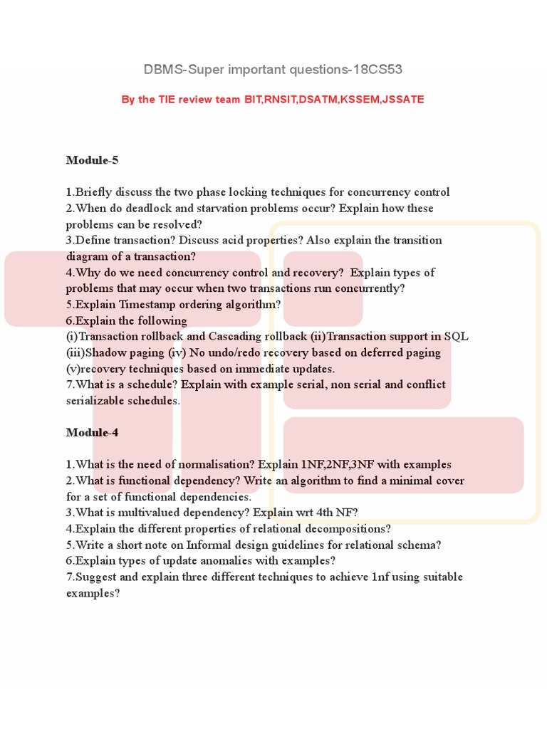 DBMS-Super Important questions-18CS53 | PDF | Databases | Relational Database