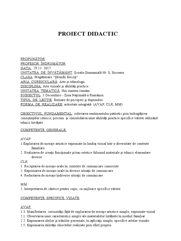 Proiect Didactic AVAP Clasa Pregatitoare - 1 Decembrie - Ziua Nationala A Romaniei | PDF