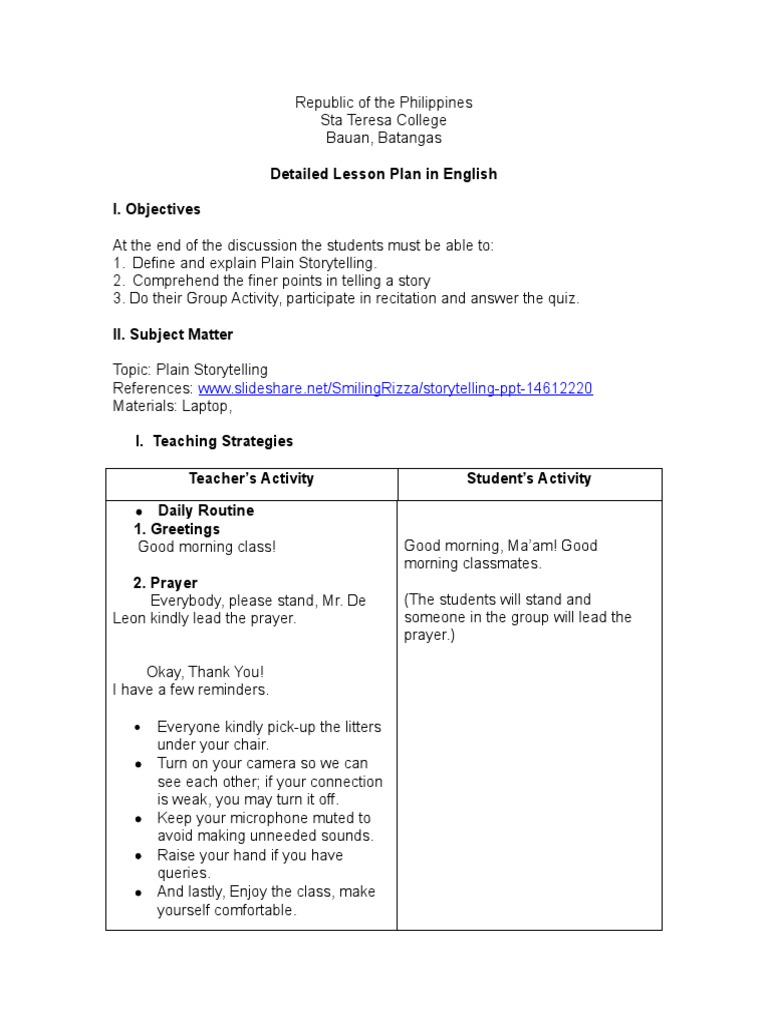 Detailed Lesson Plan in English I. Objectives | PDF | Storytelling ...