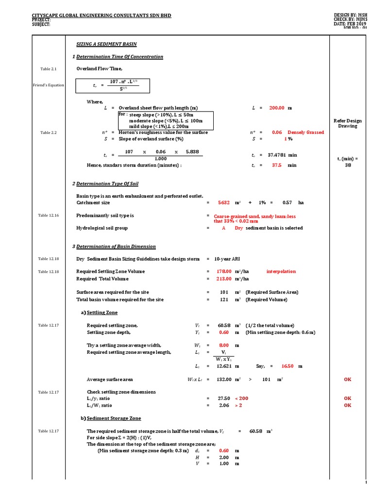 Sizing A Sediment Basin 1 Determination Time of Concentration | PDF ...