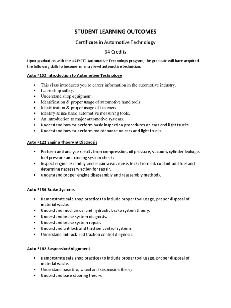 Automotive Technology Certificate Outcomes | PDF | Car | Vehicle Technology