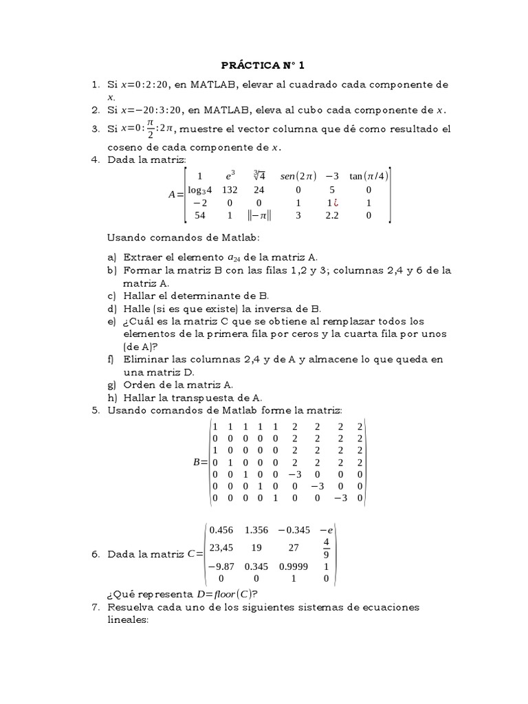 Prácticas de matemáticas y álgebra lineal con MATLAB | PDF | Matriz (Matemáticas) | Conceptos ...