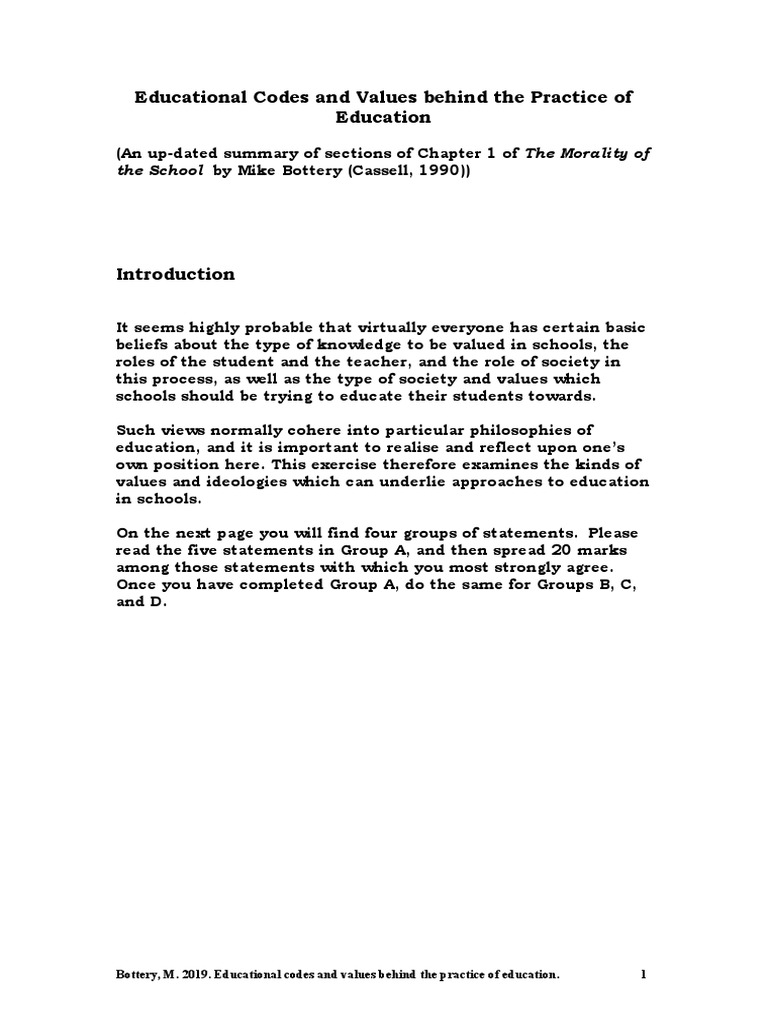 Educational Codes and Values Behind The Practice of Education | PDF ...