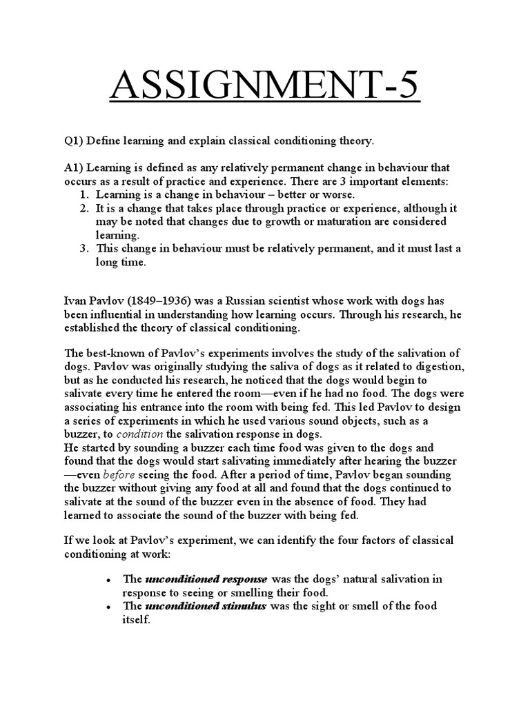 Assignment 5 | PDF | Classical Conditioning | Reinforcement