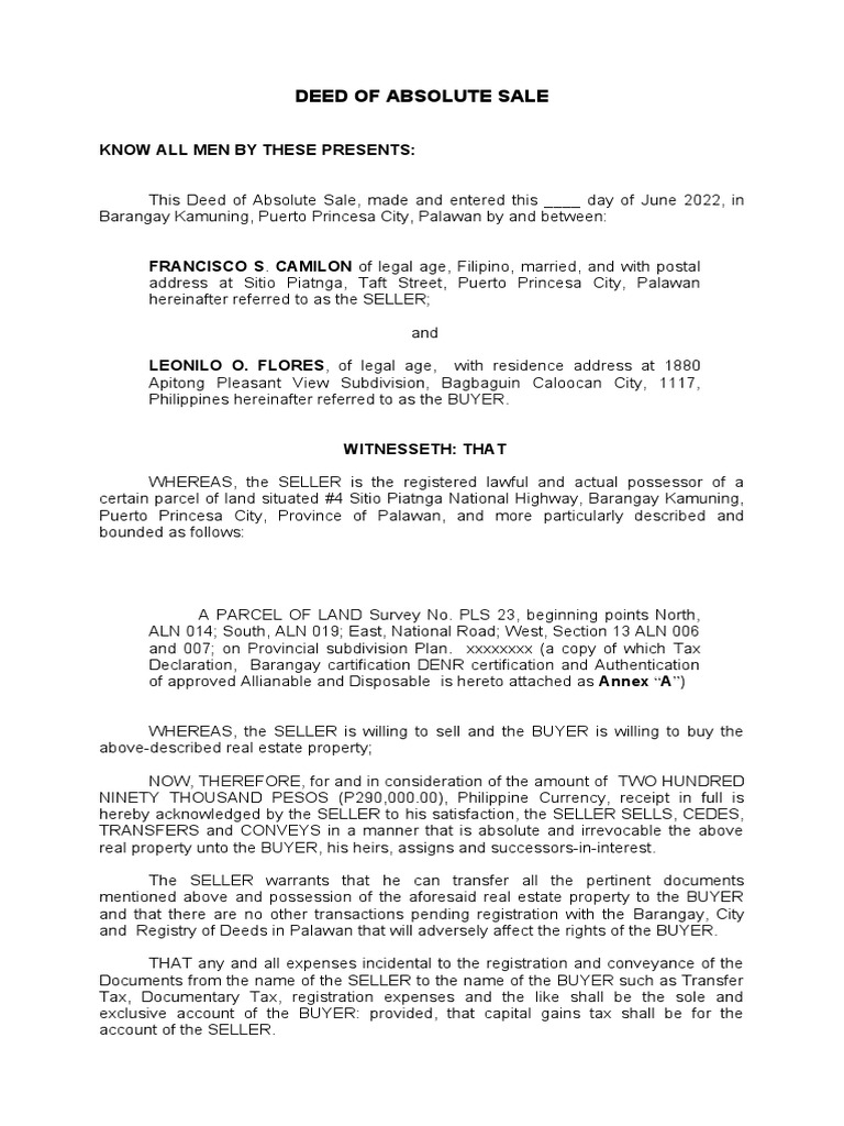 Deed of Absolute Sale Land | PDF | Deed | Conveyancing