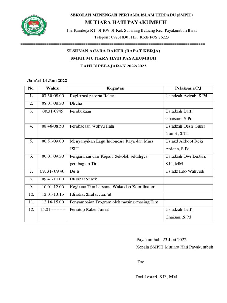 Susunan Acara Raker SMPIT Mutiara Hati | PDF