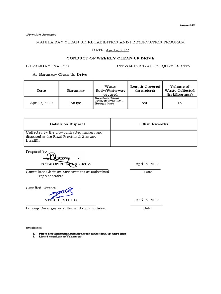 Weekly Clean-Up Drive Report: Sauyo | PDF | Environmental Engineering ...