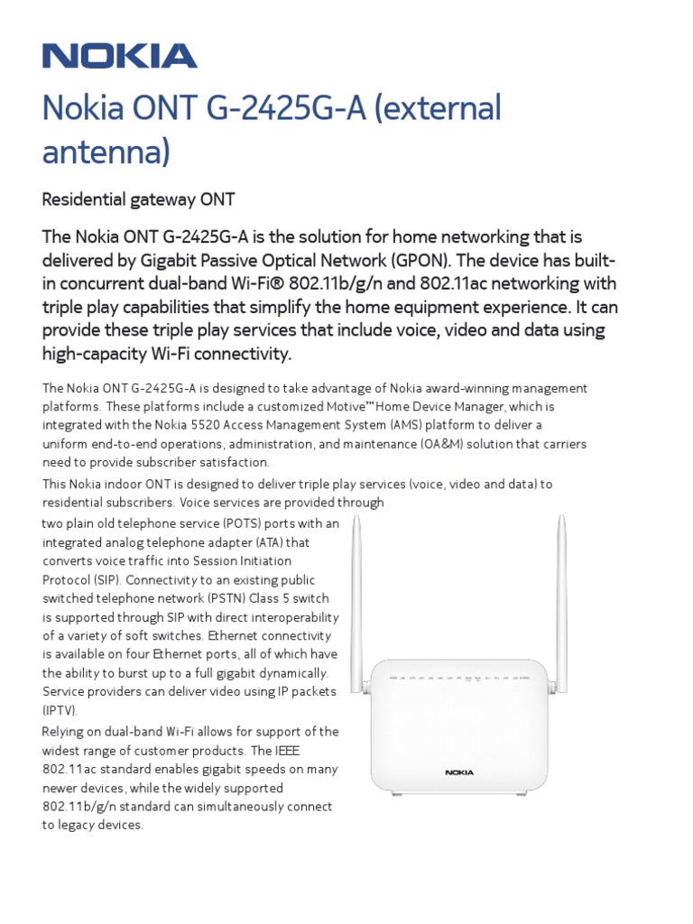 Nokia ONT G-2425G-A (External Antenna) | PDF | Computer Network | Wi Fi