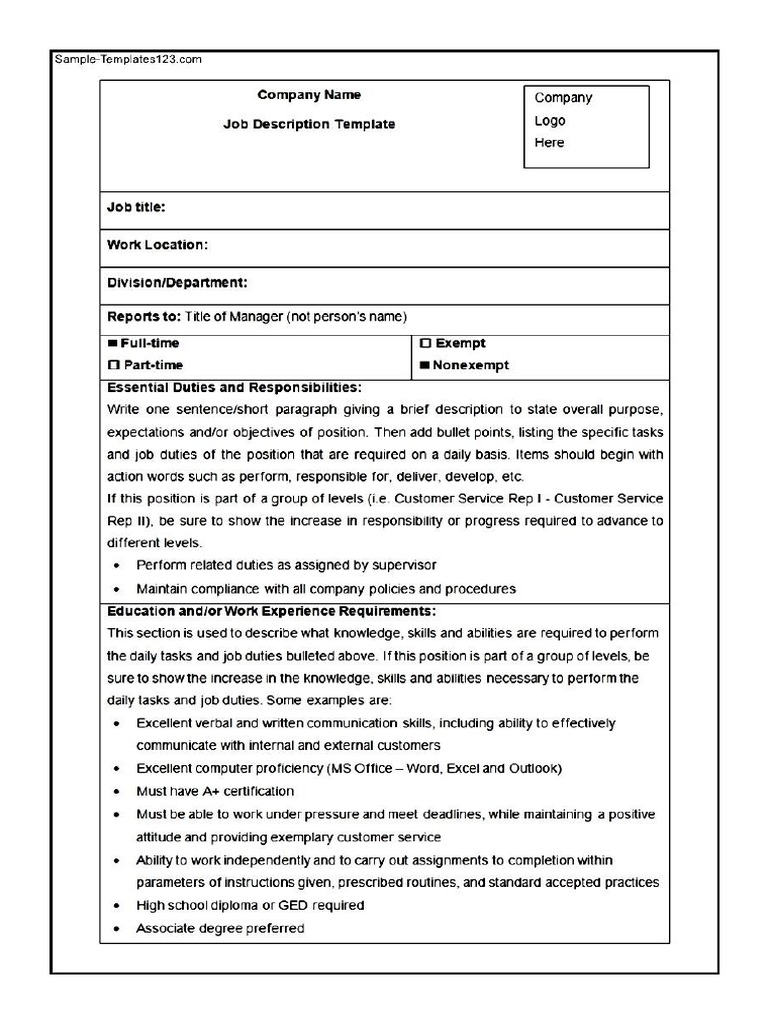 HR Job Description Form Template | PDF